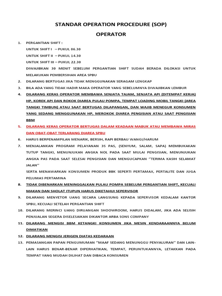 Standar Operation Procedure Operator Andalas | PDF