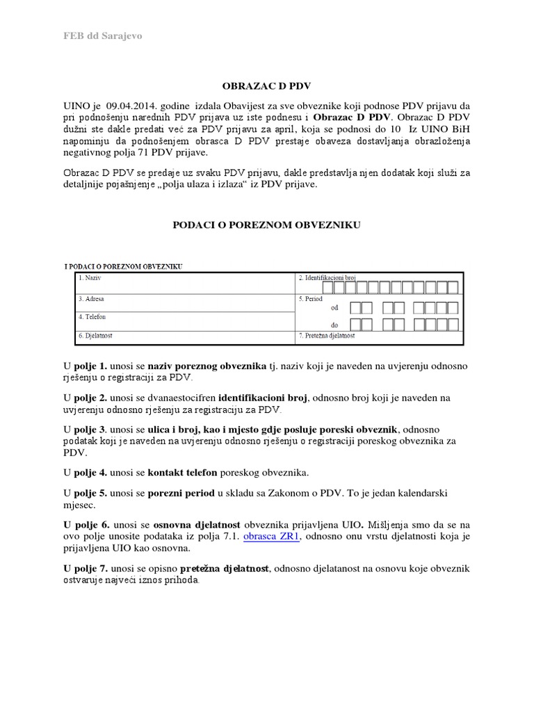 Dodatno Pojasnjenje Obrasca D PDV | PDF