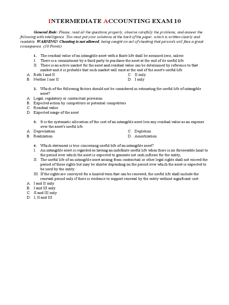 Intermediate Accounting Exam 10 | PDF | Intangible Asset | Depreciation