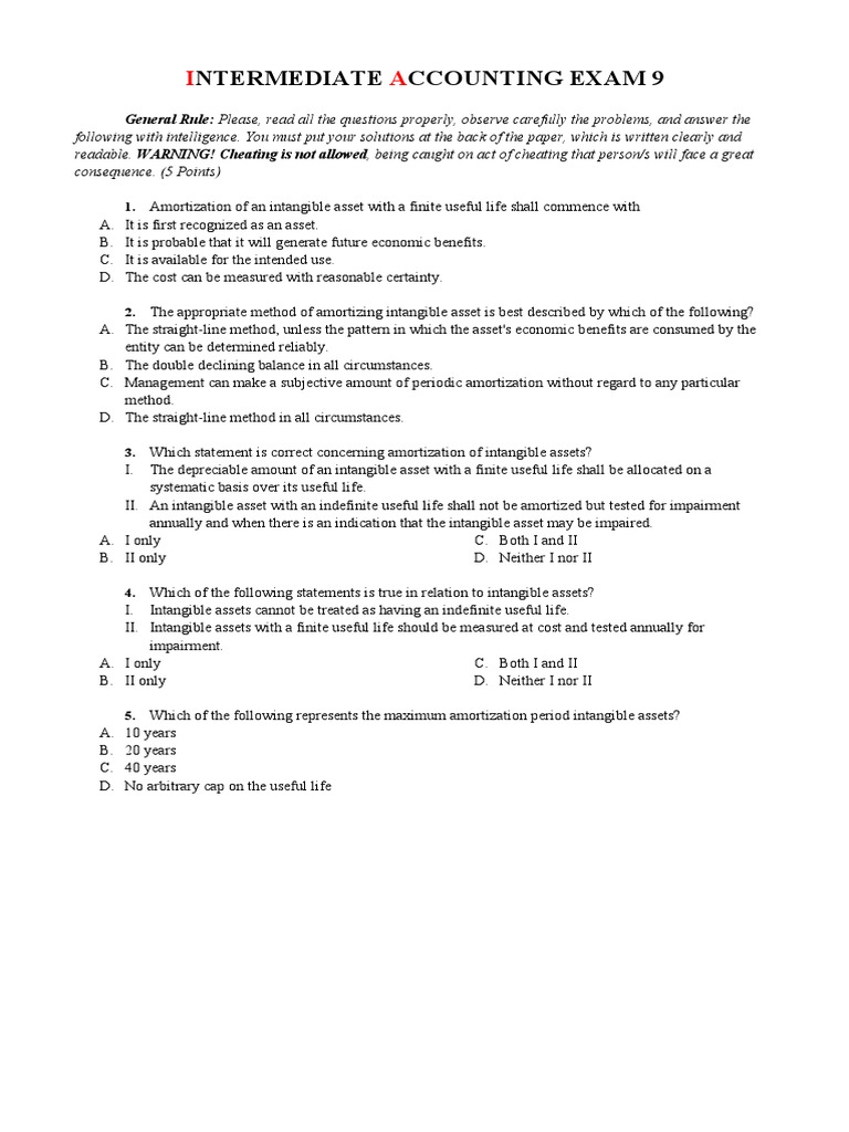 Intermediate Accounting Exam 9 | PDF | Intangible Asset | Amortization ...