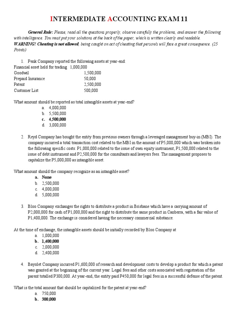 Intermediate Accounting Exam 11 | PDF | Intangible Asset | Goodwill ...