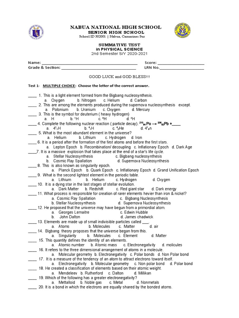 Summative Test in Physical Science | PDF | Chemical Polarity | Chemical ...