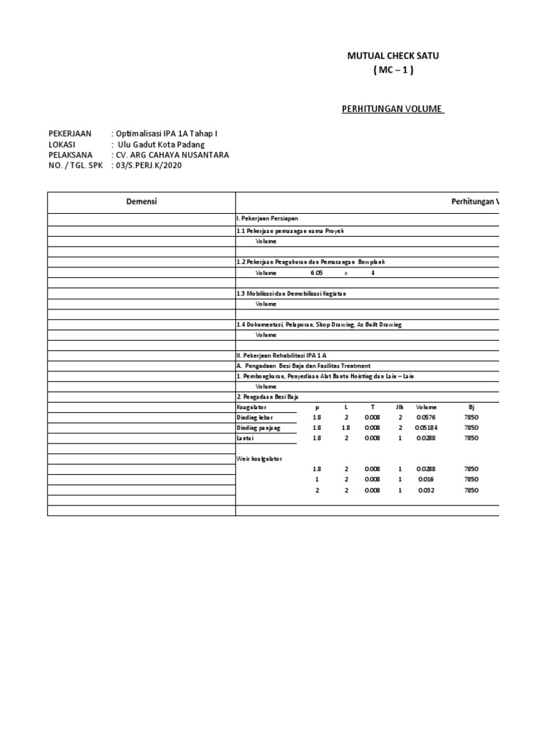 Perhitungan Volume Pekerjaan IPA 1A | PDF