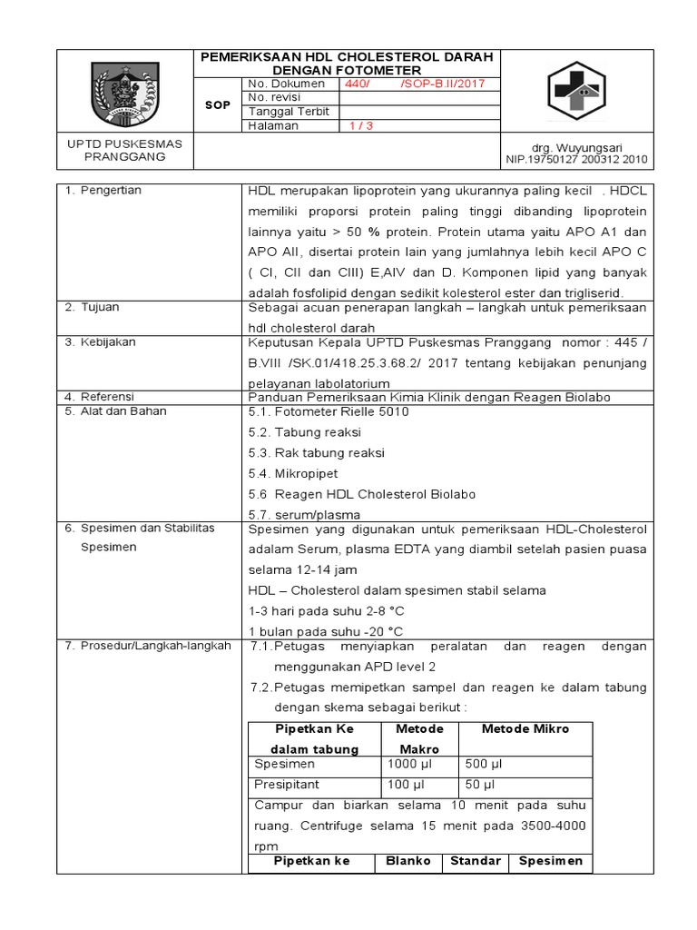 Sop Pemeriksaan HDL Cholesterol Dengan Fotometer | PDF