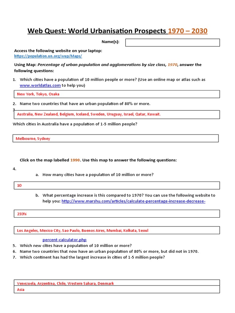 World Urbanisation Prospects Webquest - ANSWERS | PDF | Urban Area ...