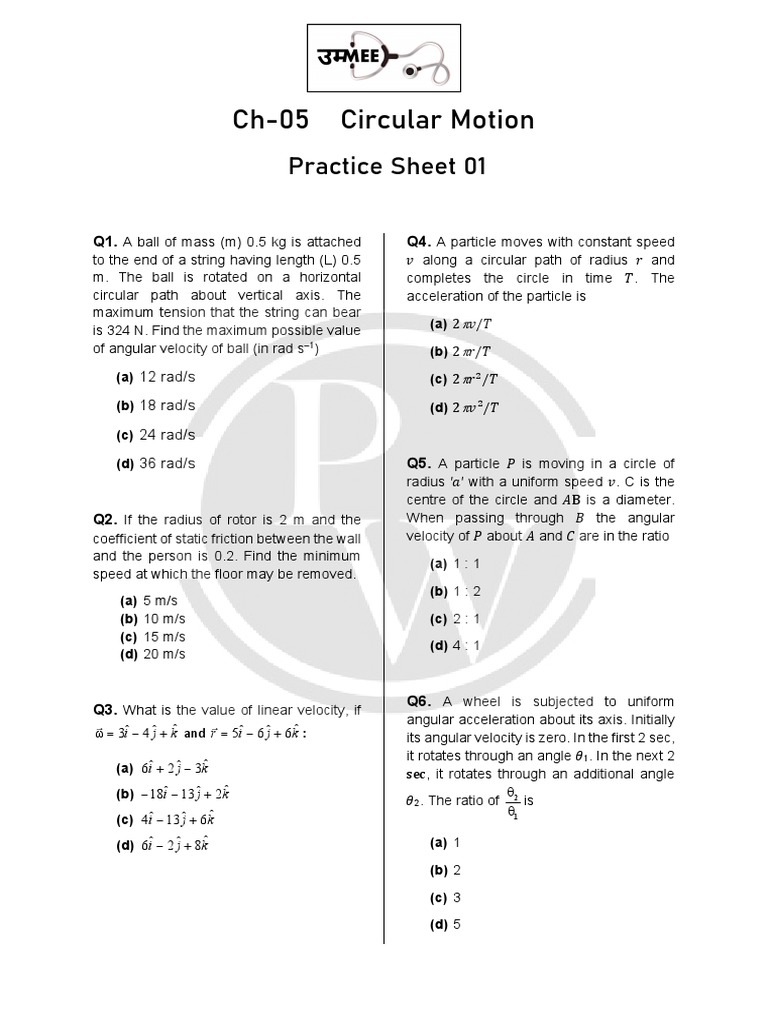 Ch-05 Circular Motion: Practice Sheet 01 | PDF | Acceleration | Rotation Around A Fixed Axis