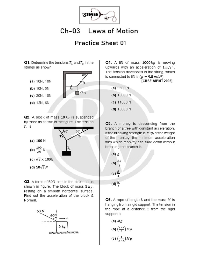 Laws of Motion Practice Questions | PDF | Tension (Physics) | Force