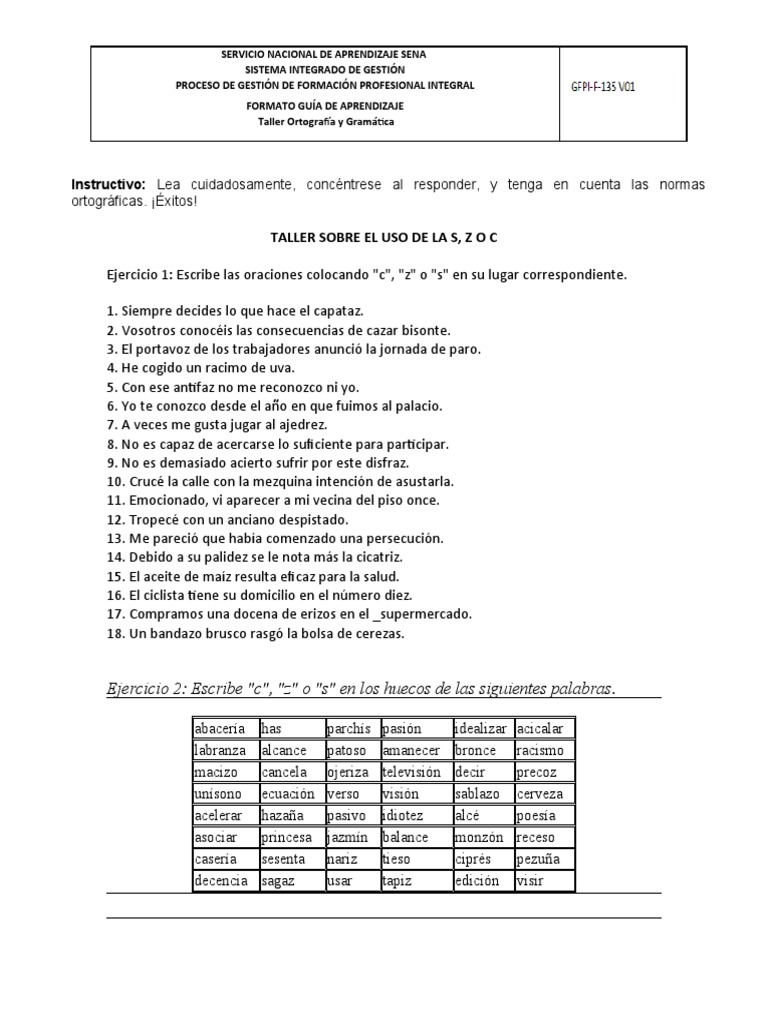 Taller de Ortografía: Uso de C, S y Z | PDF | Educación avanzada | Science