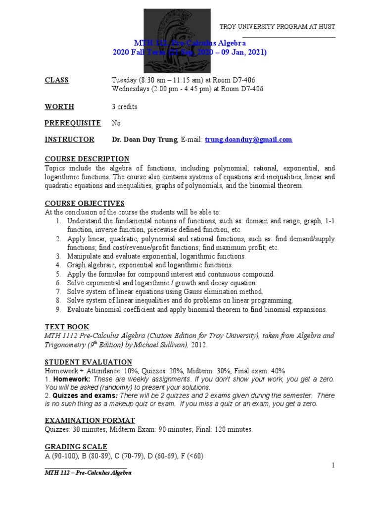 MTH 112, Pre-Calculus Algebra 2020 Fall Term (21 Sep, 2020 - 09 Jan ...