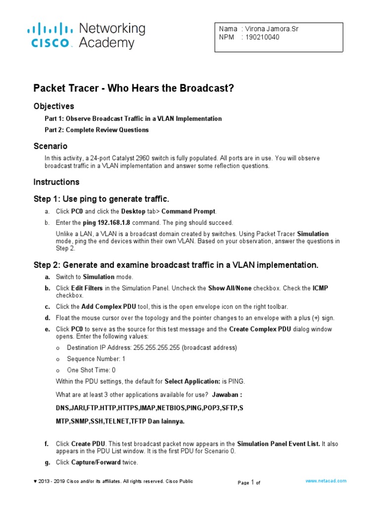 Packet Tracer - Who Hears The Broadcast?: Objectives | PDF | File ...