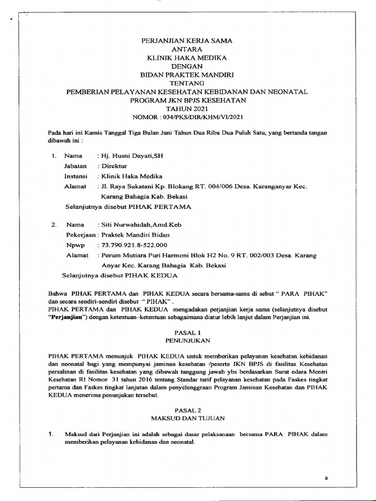 Surat Perjanjian Bidan Jejaring Klinik Haka Medika Bidan Siti Nurwahidah | PDF