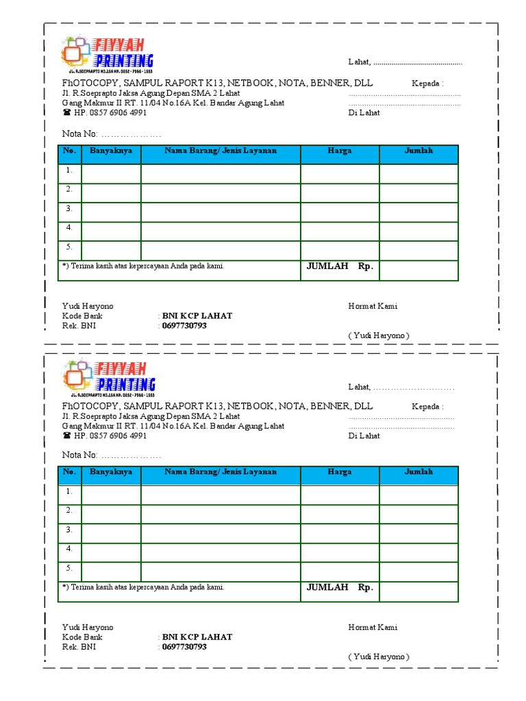Nota Fiyyah PRINTING | PDF