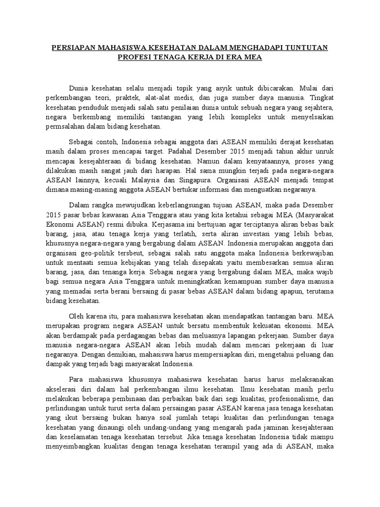 Essay PERSIAPAN MAHASISWA KESEHATAN DALAM MENGHADAPI TUNTUTAN PROFESI TENAGA KERJA DI ERA MEA | PDF