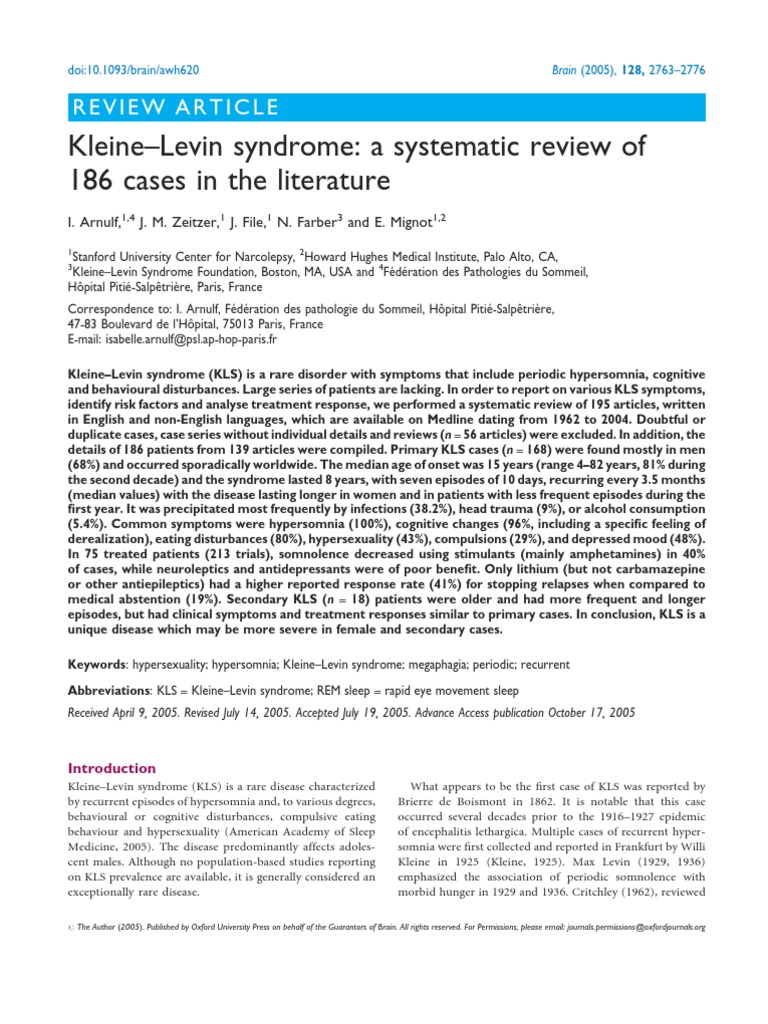 Kleine-Levin Syndrome: A Systematic Review of 186 Cases in The ...