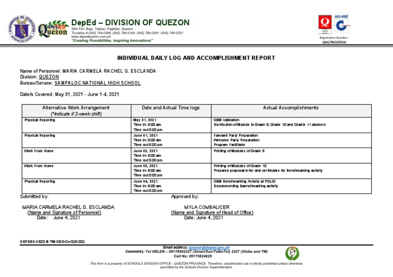 Deped - Division of Quezon: Individual Daily Log and Accomplishment ...