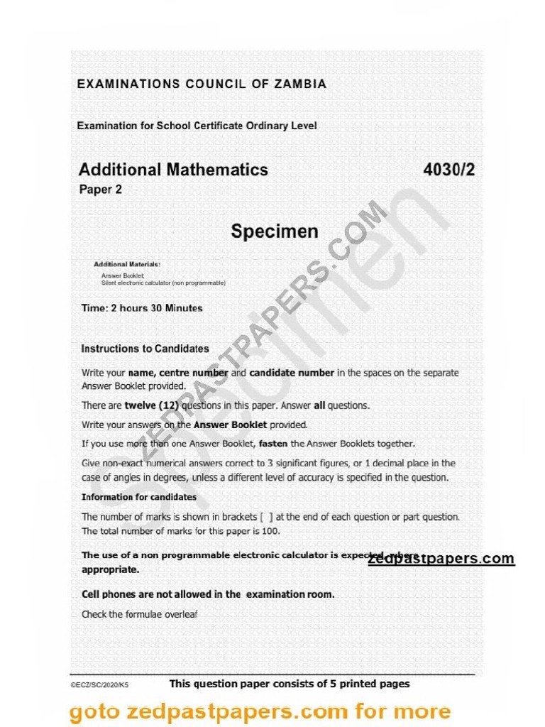 g12 - Additional Mathematics - p2 - 2020 - Specimen | PDF