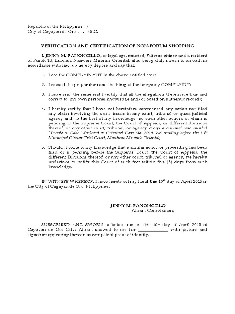 Verification and Certification of Non-Forum Shopping | PDF