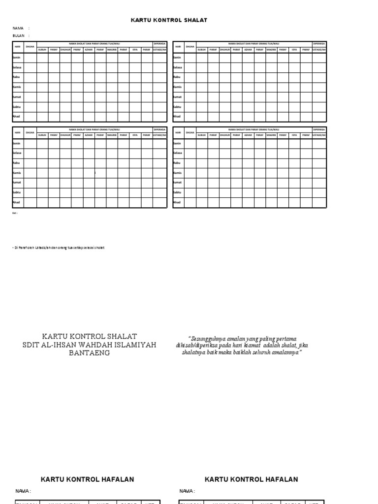 Buku Kontrol Shalat, Hafalan Dan Mengaji | PDF