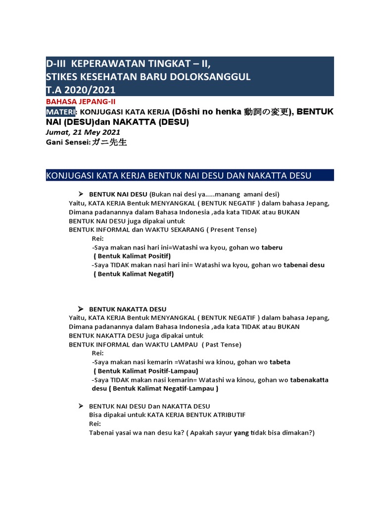 Materi Kata Kerja Bentuk Nai Nakatta Edit | PDF