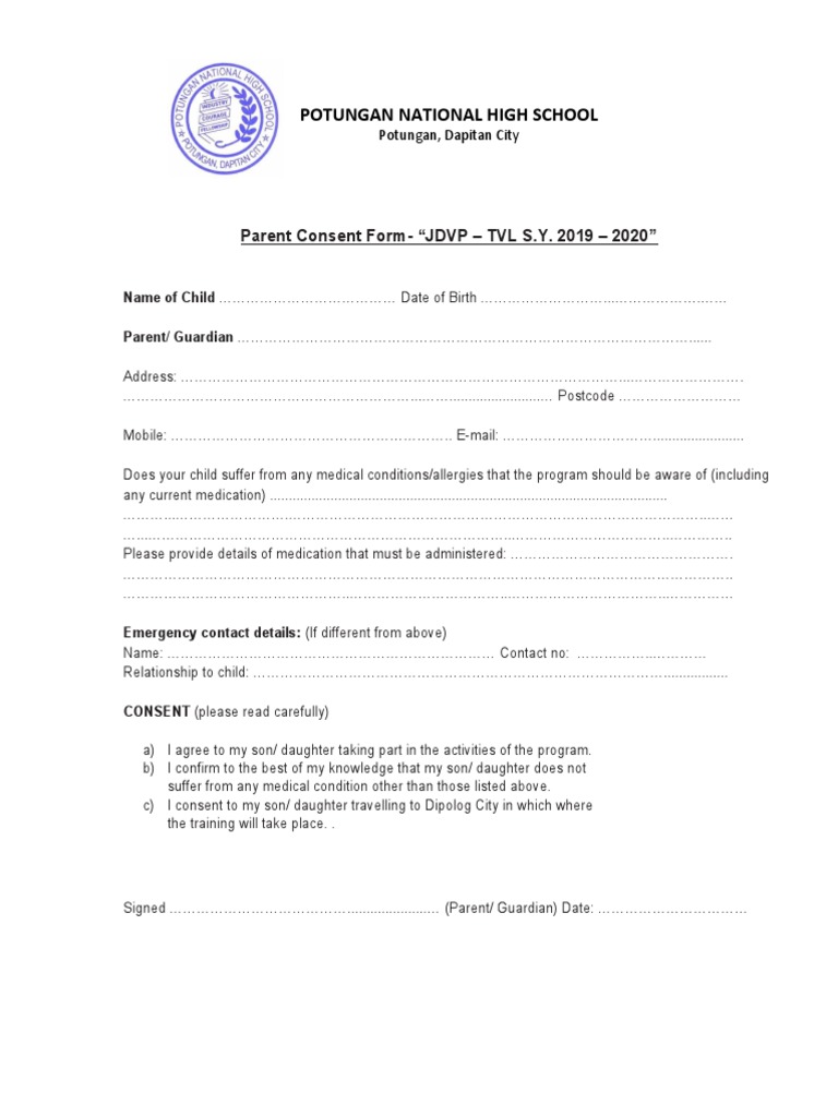 Potungan National High School: Parent Consent Form-"JDVP - TVL S.Y ...