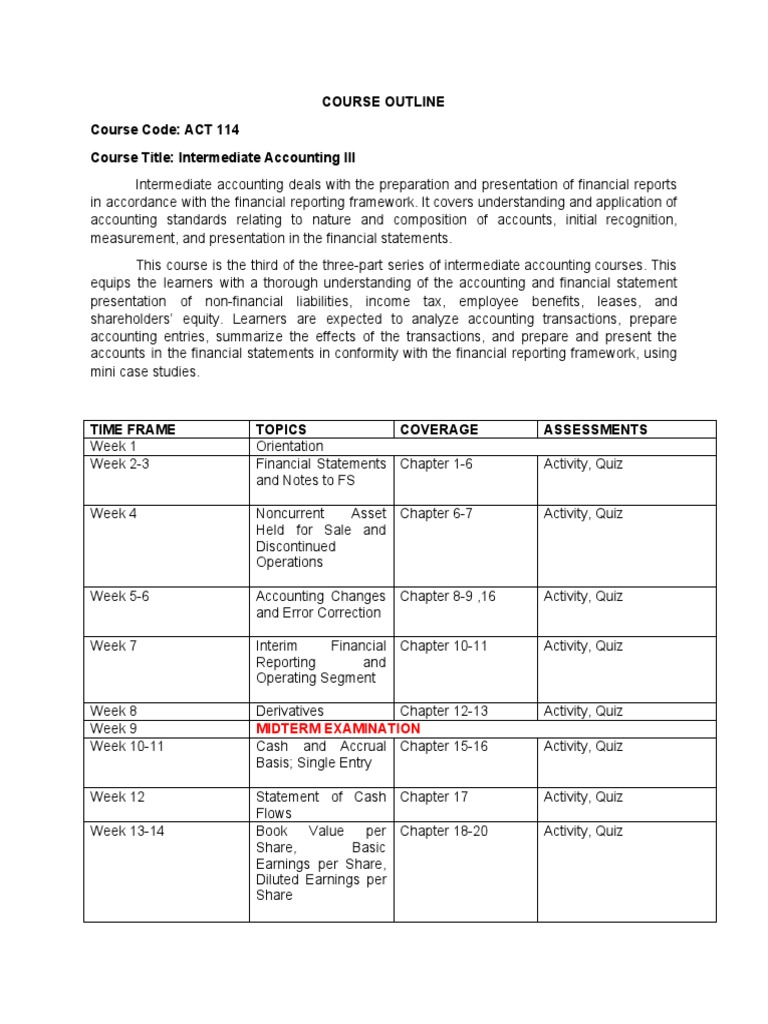 ACT 114 - Course Outline | PDF | Financial Statement | Book Value