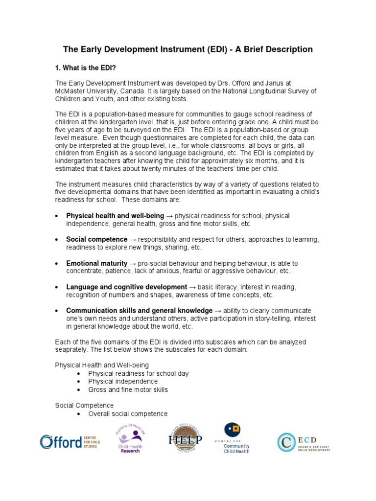 The Early Development Instrument (EDI) - A Brief Description | PDF ...