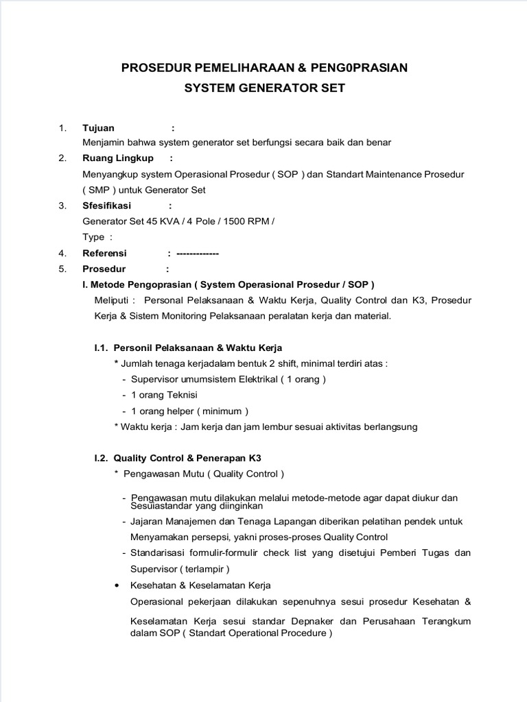 Dokumen - Tips Prosedur Pemeliharaan Dan Pengoprasian Genset 97 | PDF