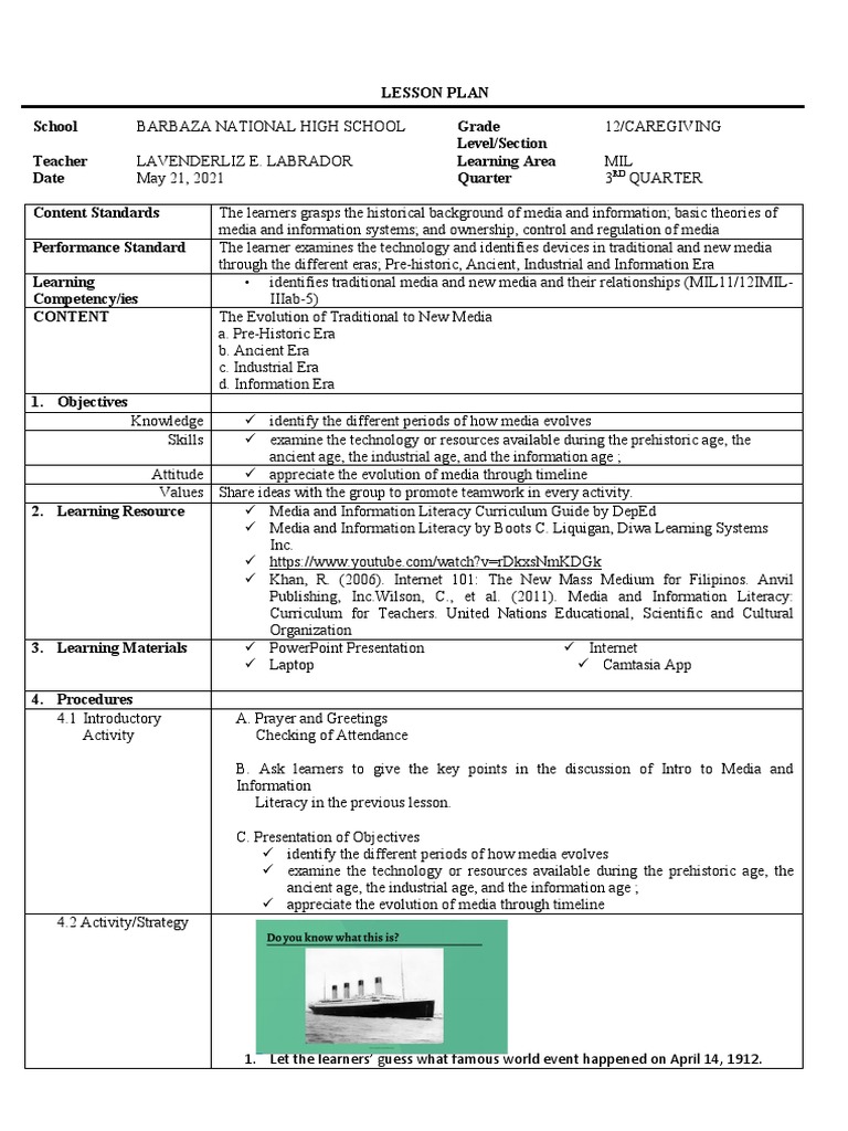 Lesson Plan School Grade Level/Section Teacher Learning Area Date ...