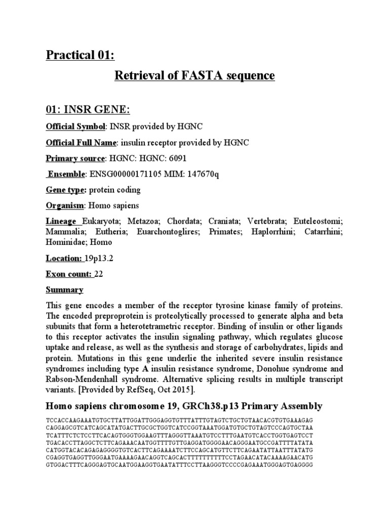 Practical 01: Retrieval of FASTA Sequence: 01: Insr Gene | PDF | Gene ...