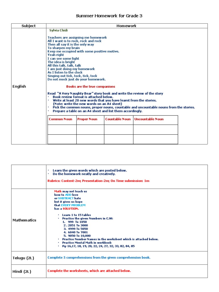 Summer Homework For Grade 3 | PDF | Homework