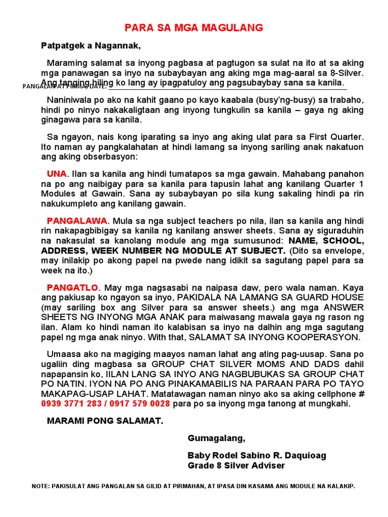Sulat para Mga Mga Magulang Quarter 2 2021 | PDF