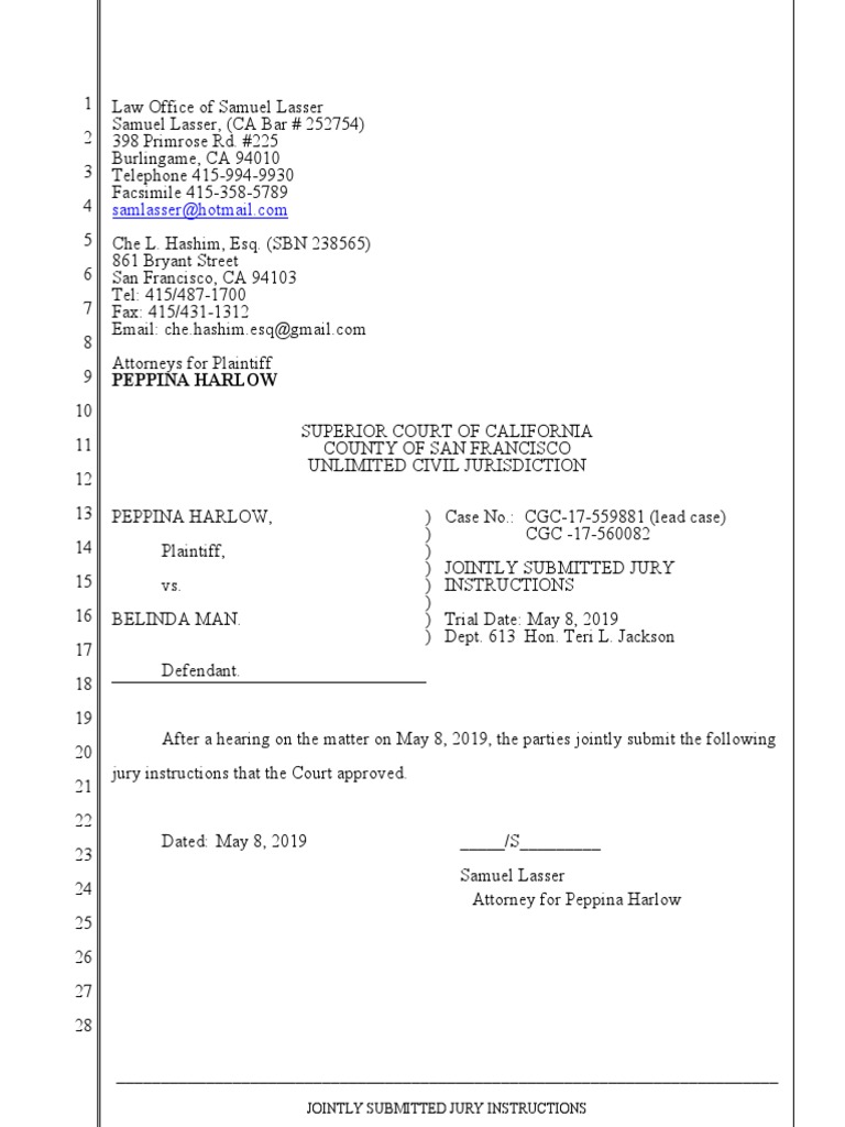 Joint Jury Instructions for Harlow v. Man | PDF | Witness | Deposition ...