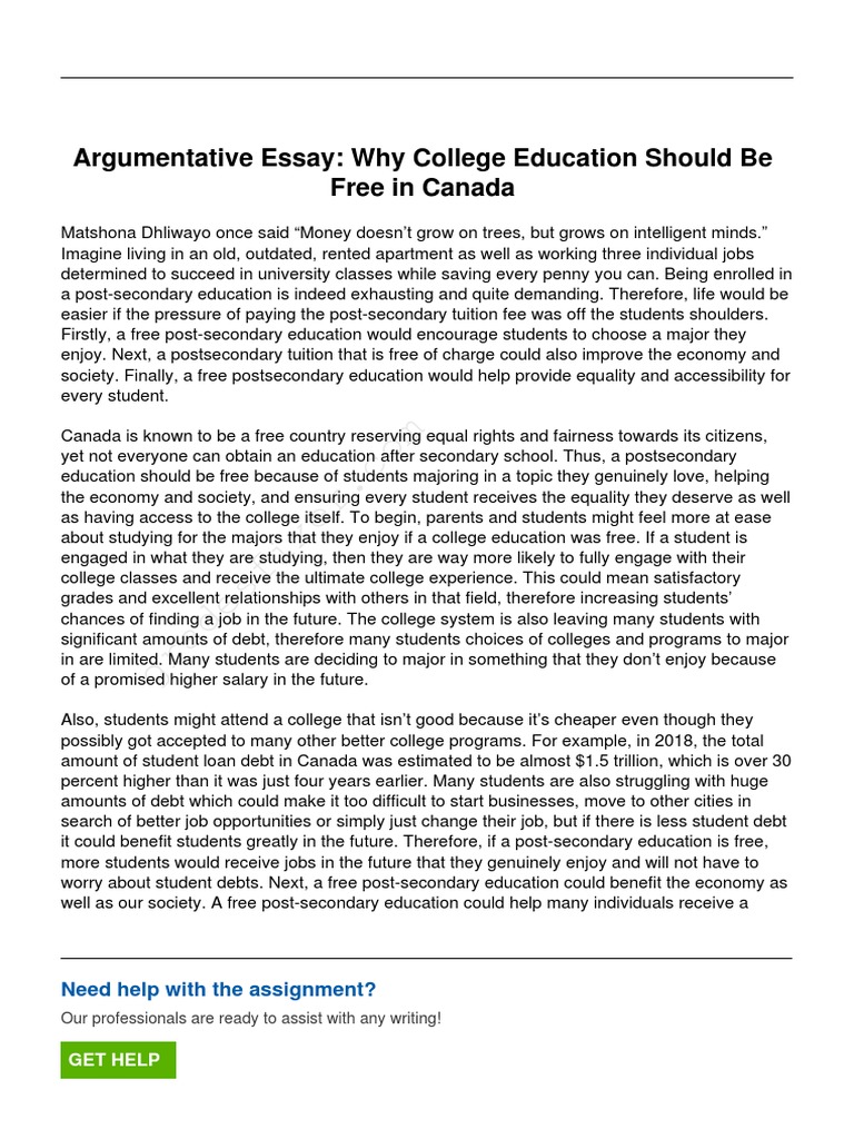 Argumentative Essay: Why College Education Should Be Free in Canada ...