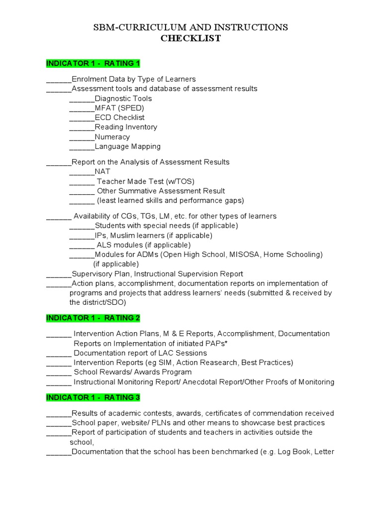 Sbm-Curriculum and Instructions: Checklist | PDF | Educational ...