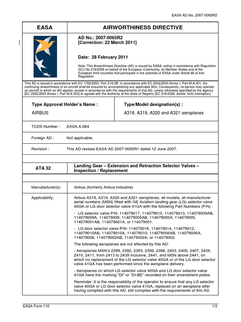 Easa Airworthiness Directive: AD No.: 2007-0065R2 (Correction: 22 March ...