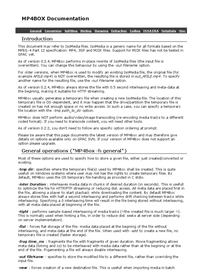 MP4BOX Documentation - GPAC Project On Advanced Content | PDF | Network Packet | Computer File