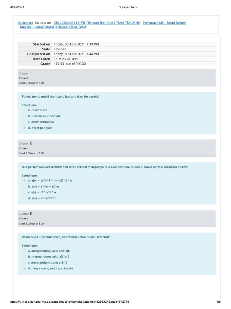 Kuis M8 - Relasi Rekursi KHUSUS KELAS PAGI | PDF | Metode & Bahan Ajar | Komputer
