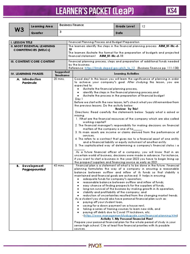 ABM12 Business Finance Q3 W3 LeaP | PDF | Financial Plan | Forecasting