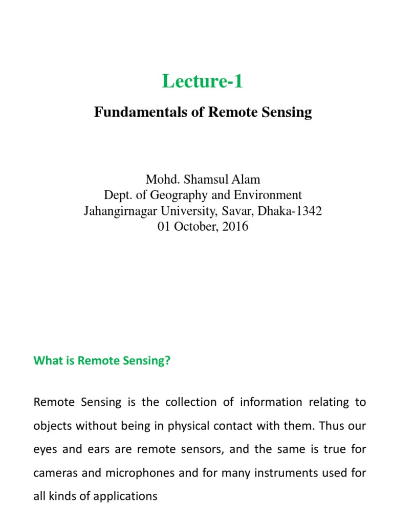 Lecture-1, Fundamentals of Remote Sensing (New) | PDF | Remote Sensing | Electromagnetic Spectrum