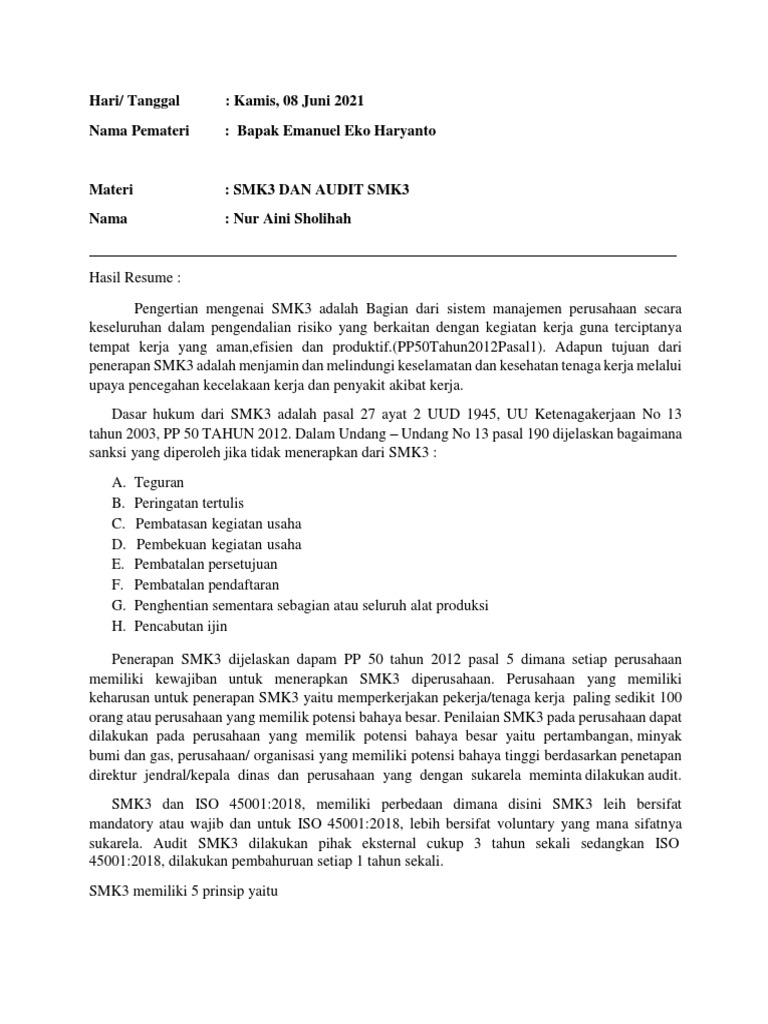 18.resume Materi SMK3 Dan Audit SMK3 | PDF | Pengelolaan Keuangan & Uang