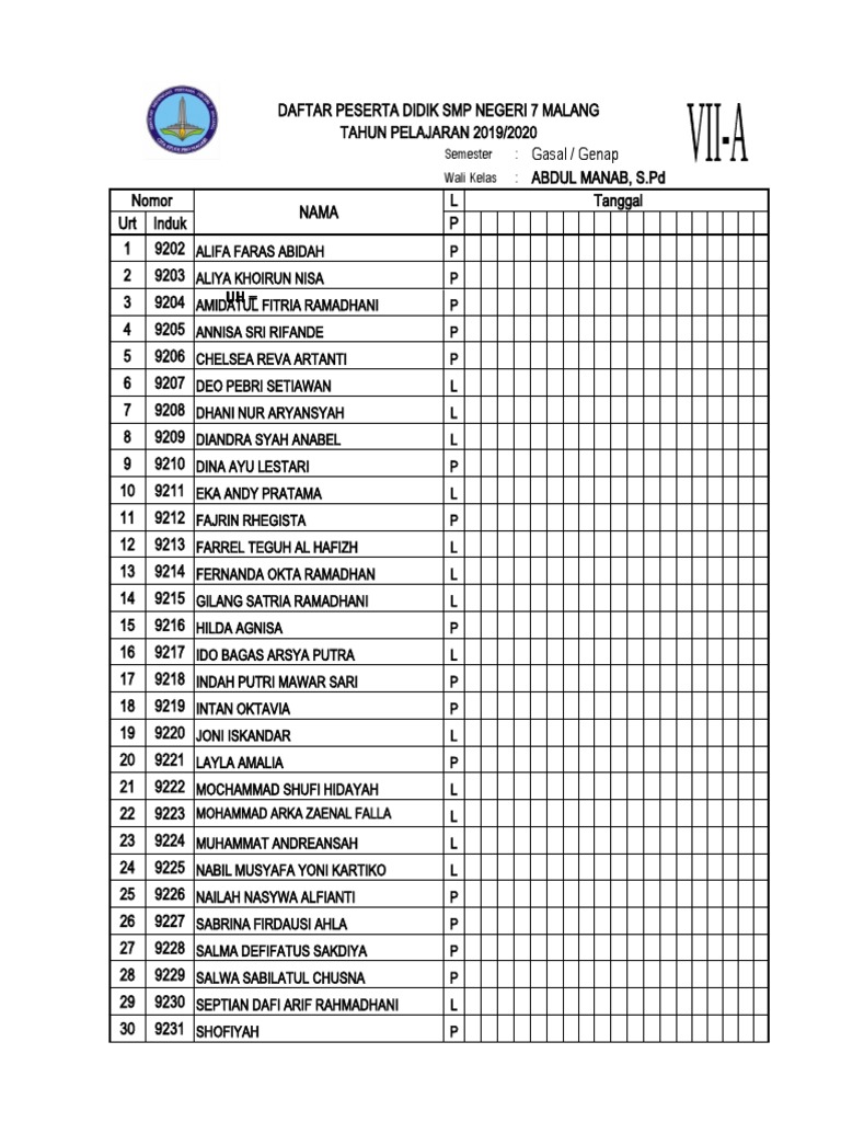 Absensi KLS Vii | PDF