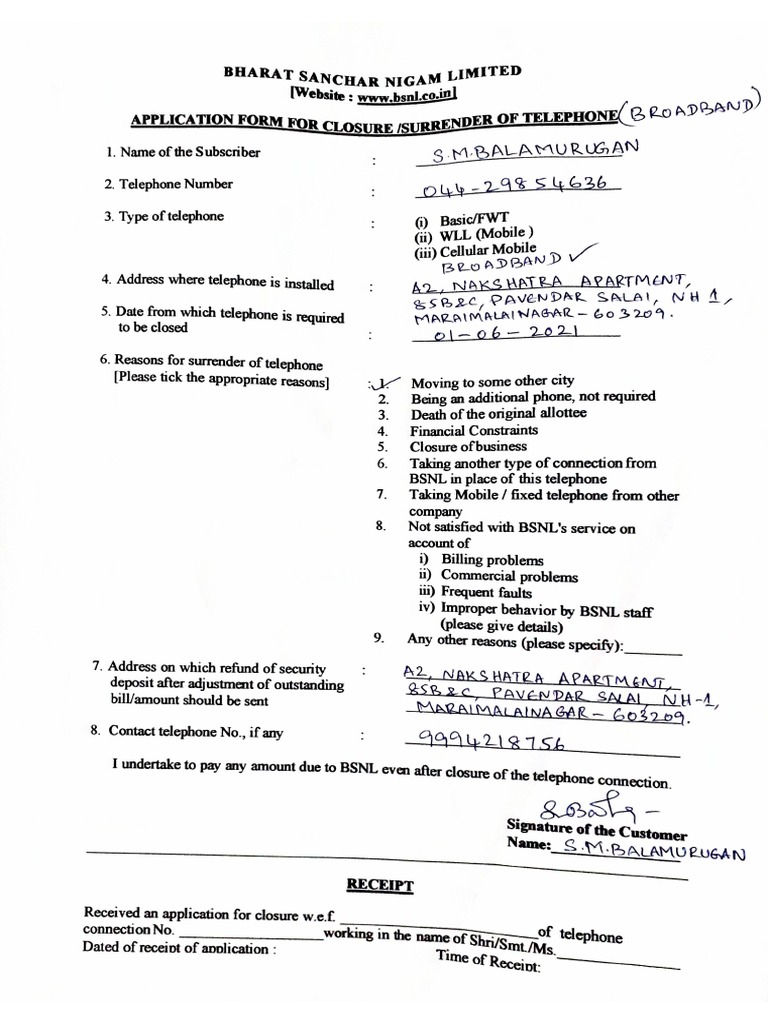 BSNL Surrender Form | PDF