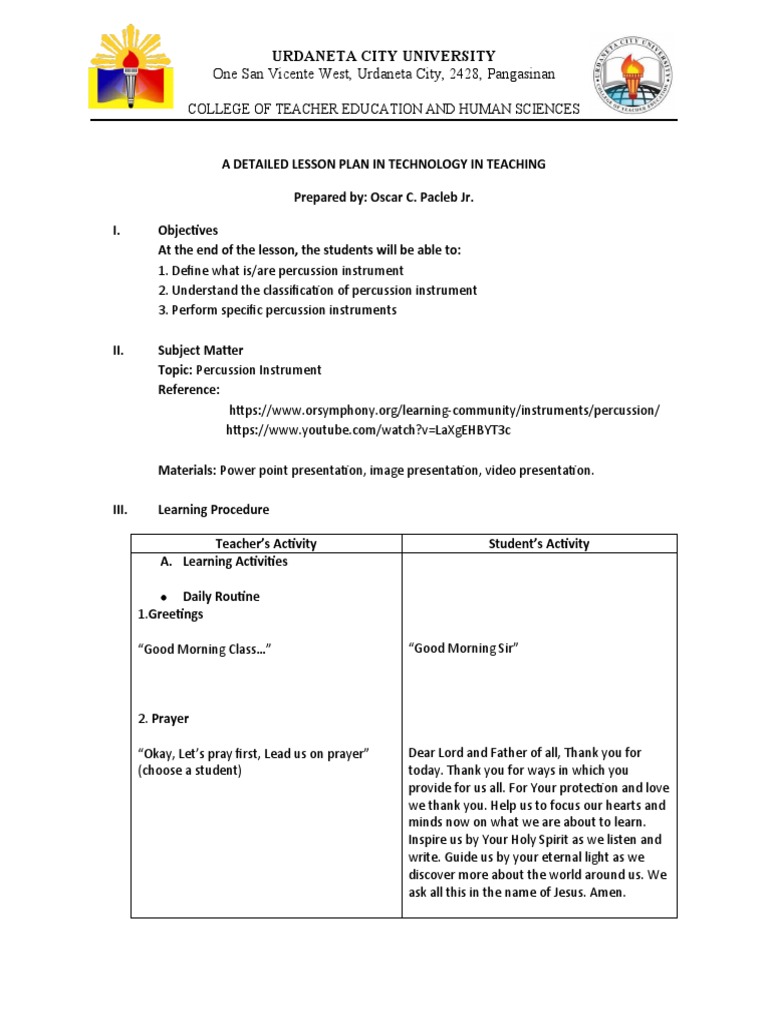 A Comprehensive Lesson Plan on Percussion Instruments | PDF | Musical ...