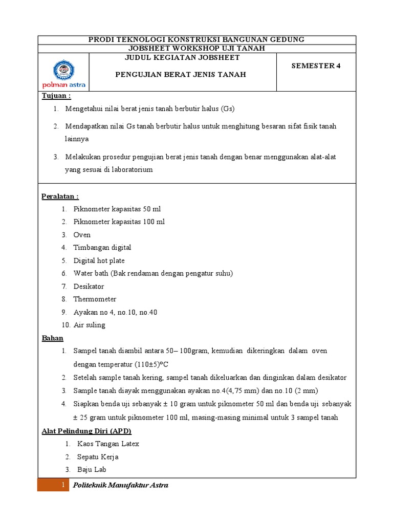 Jobsheet Praktikum Berat Jenis Tanah - Rere | PDF
