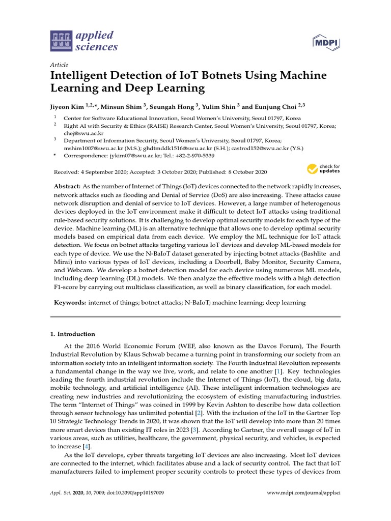 Applied Sciences: Intelligent Detection of Iot Botnets Using Machine Learning and Deep Learning ...