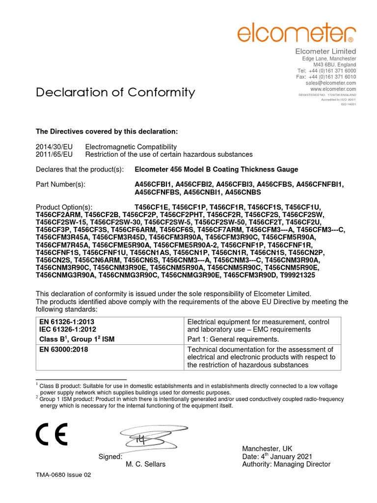 Declaration of Conformity: Elcometer Limited | PDF | Electromagnetic ...
