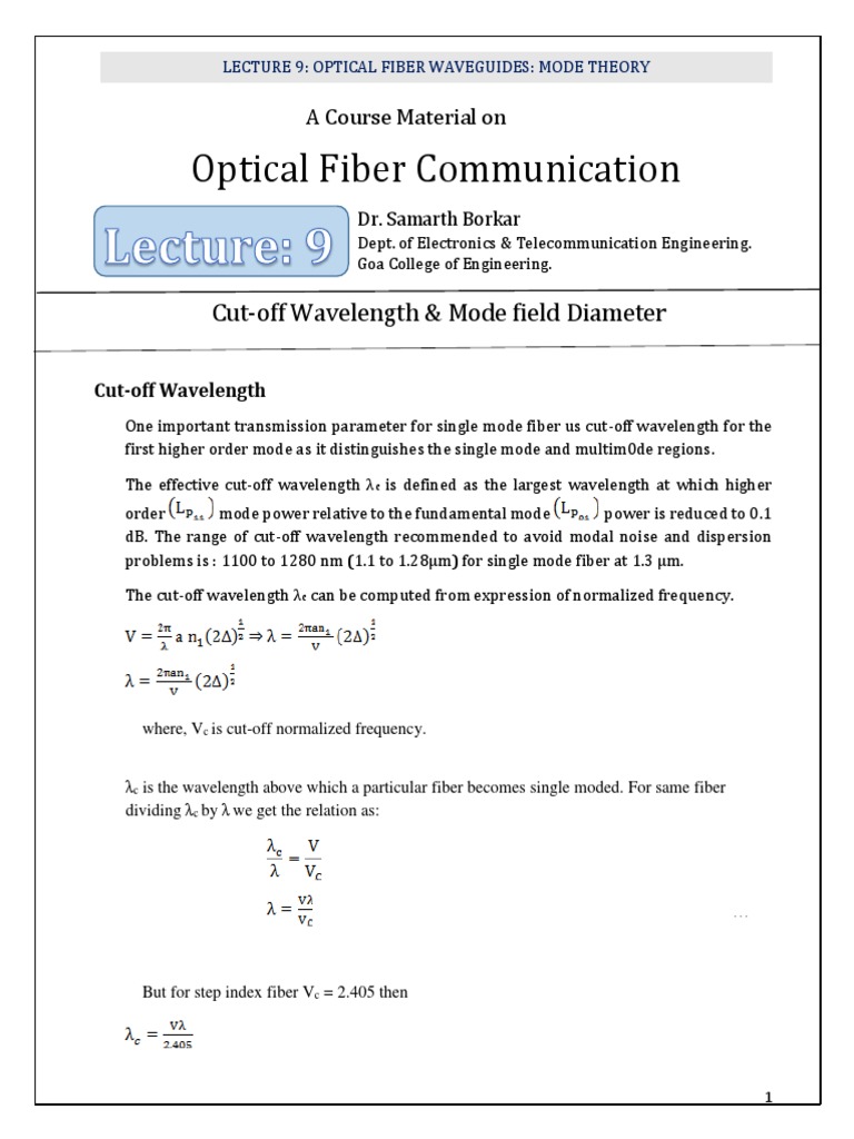 Cut-off Wavelength & Mode Field Diameter | PDF | Optical Fiber | Wavelength