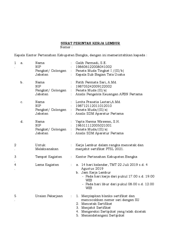 Surat Perintah Kerja Lembur | PDF