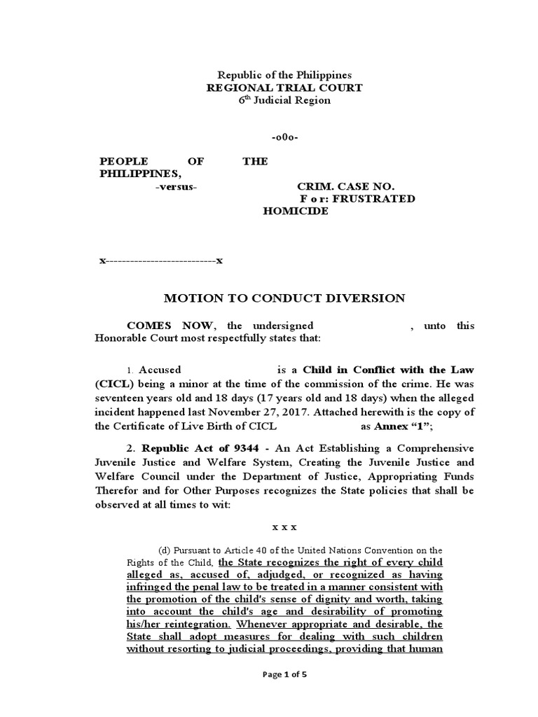 Motion for Diversion of CICL Mondano | PDF | Mediation | Crime & Violence