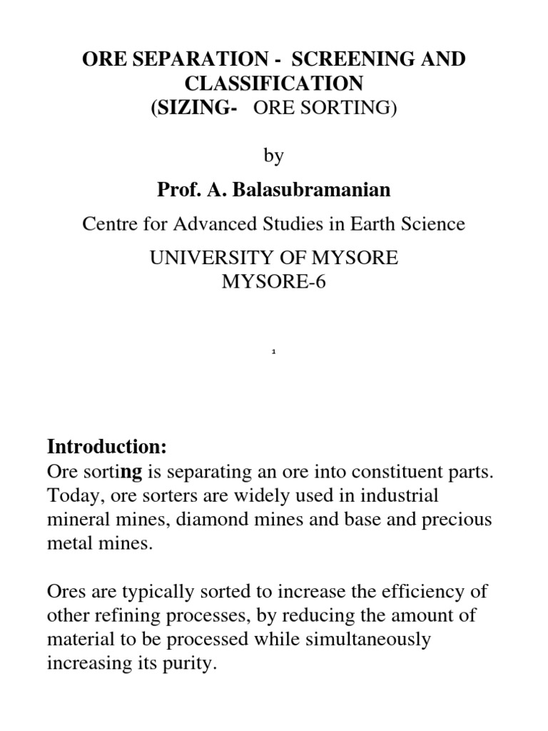 Ore Separation - Screening and Classification (Sizing-Ore Sorting ...